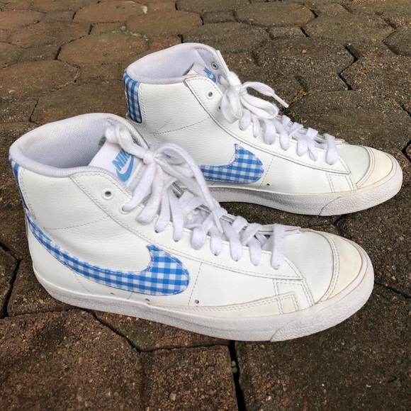 Nike | Shoes | Womens 8 Nike Blazer Mid 77 White Blue Gingham Shoes ...